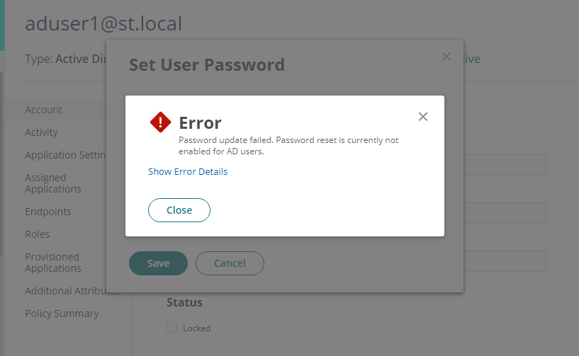 CyberArk Identity: Password update failed. Password reset is currently not enabled for AD users