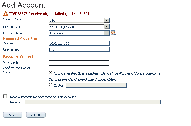 Failed to add account in PVWA with error "ITAPE267E Receive object failed (code = 2, 32)"