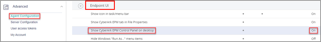 Show CyberArk EPM Control Panel on Desktop