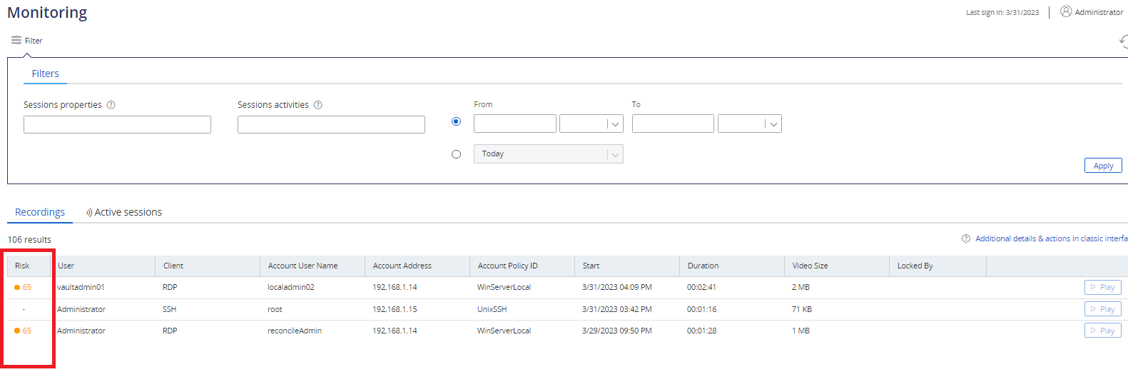 PTA - PTA Risk Score is not shown in PVWA monitoring tab
