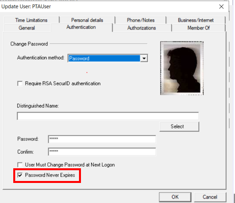 Uncheck Password Never Expires flag for PTAUser and PTAAppUser