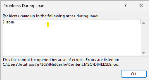PVWA - 'Problems During Load' when attempting to open Excel report