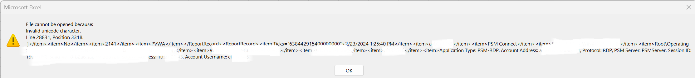 PVWA - 'Problems During Load' when attempting to open Excel report