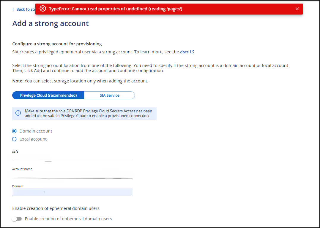 [SIA] - Trying to setup a strong account but keep getting error