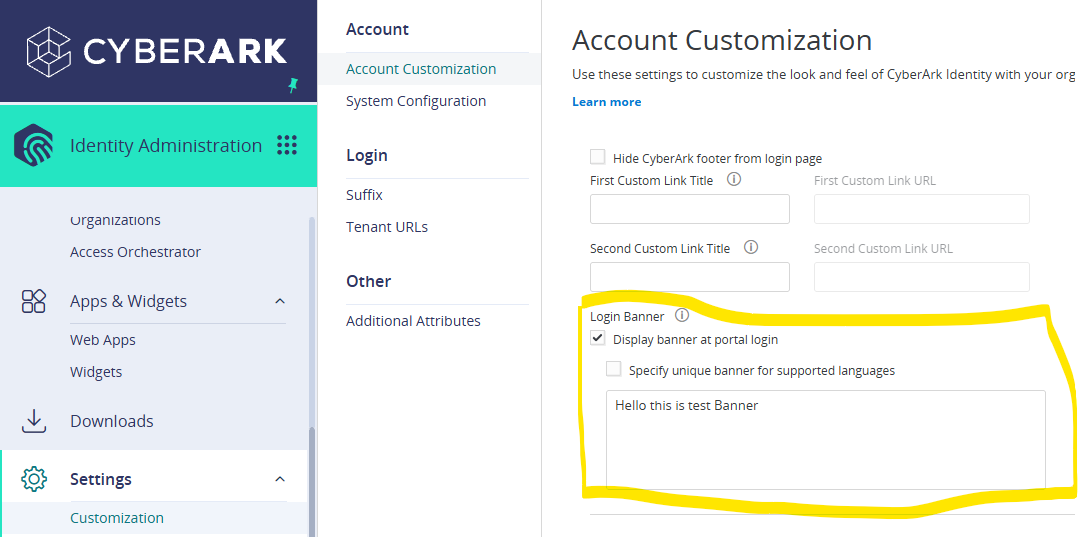 HTML hyperlink function in login banner in identity portal