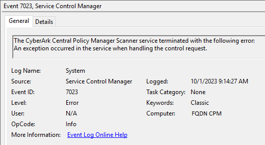 CyberArk Central Policy Manager Scanner does not start with error 1064