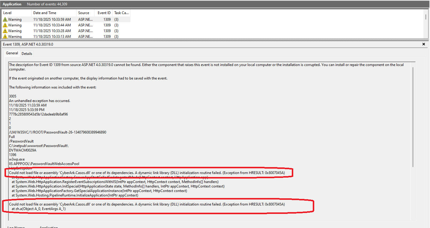 PVWA: Could not load file or assembly 'CyberArk.Casos.dll' or one of ...