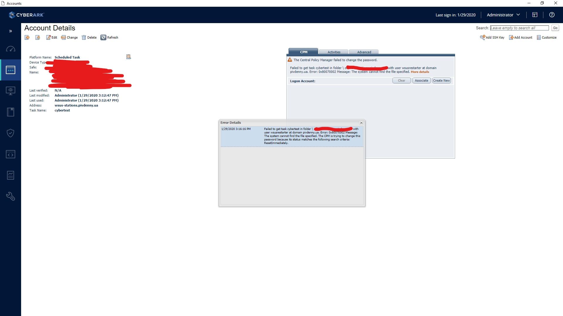 CPM can't change the password for schedule task on server, error 0x80070002 failed to get task...